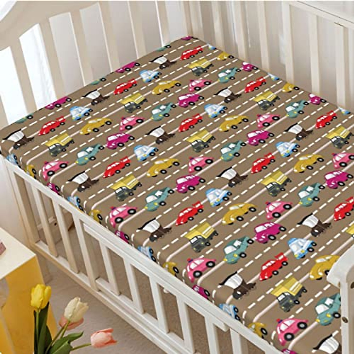Cars Themed Fitted Crib Sheet,Standard Crib Mattress Fitted Sheet Soft Toddler Mattress Sheet Fitted-Baby Sheet for Boys Girls, 28“ x52“,Multicolor