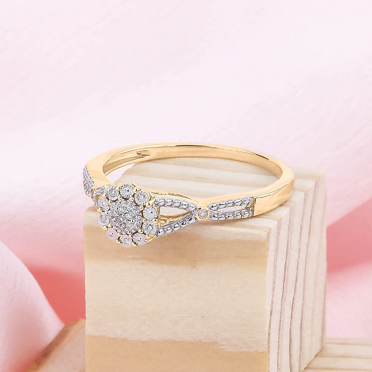 Cali Trove, 1/20cttw Diamond Cluster Promise Ring for Women in 925 Sterling Silver, Women's Diamond Floral Engagement Ring with Round White Diamond Halo in Yellow Gold-Plated, Rose Gold-Plated or