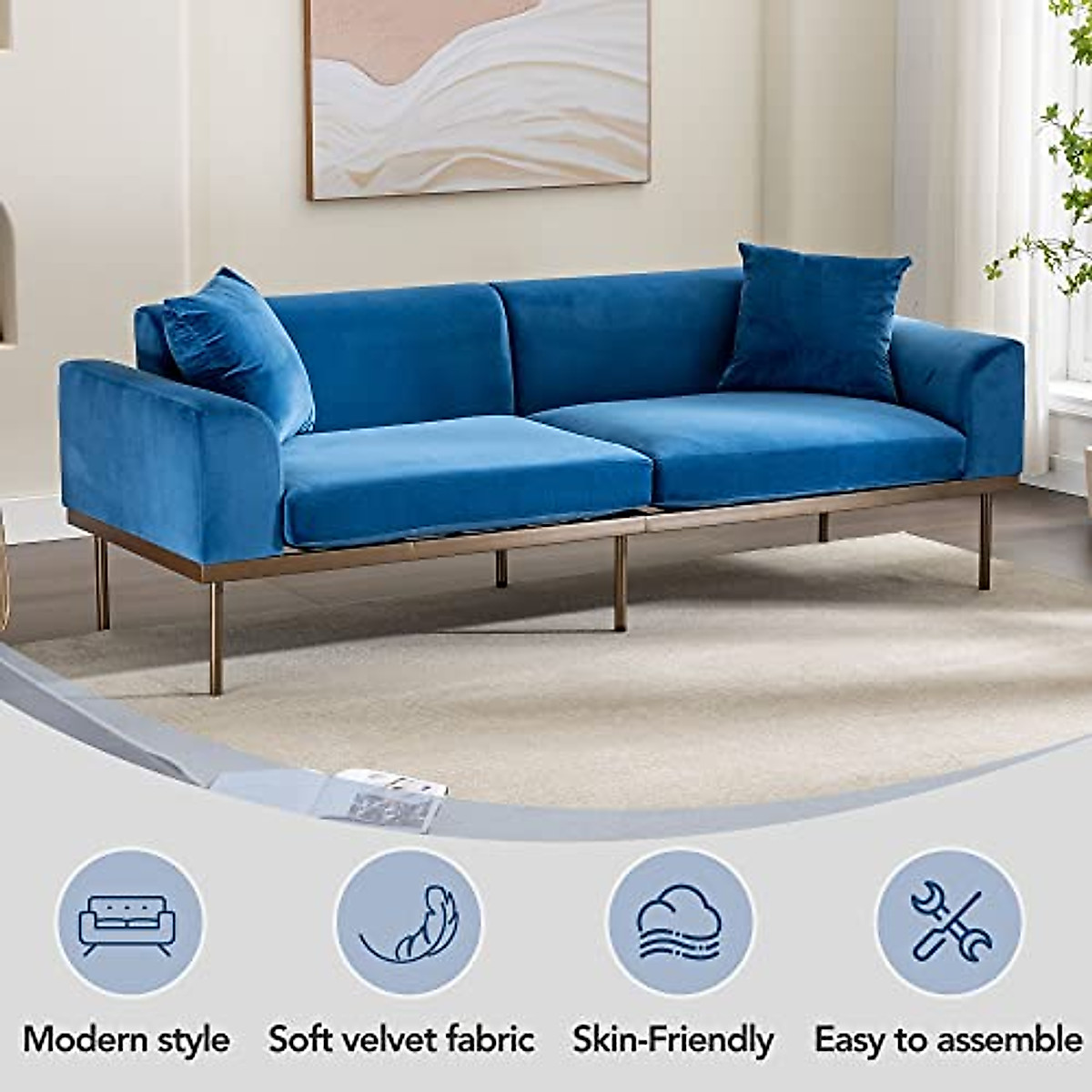 Lifeand Modern Velvet Sofa with Metal Legs,Loveseat Sofa Couch with Two Pillows for Living Room and Bedroom,Blue