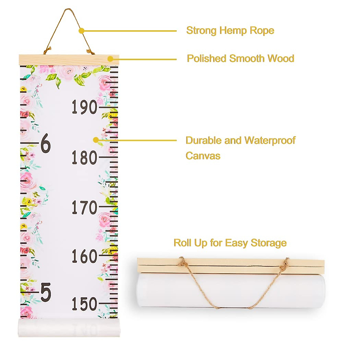 Beinou Baby Growth Chart Ruler for Kids Wood Frame Height Measure Chart 7.9in x 79in Canvas Hanging Height Growth Chart