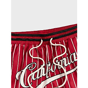 GORGLITTER Men's Striped Letter Graphic Drawstring Waist Shorts with Pockets Burgundy Medium