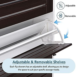 Narrow Shoe Cabinet with 3 Flip Drawers for 24 Pairs Shoes, Natural Wood Top Entryway Organizer with 3 Hooks, Free Standing Shoe Rack with Adjustable Panel for Hallway, 31.5''x9.4''x47.6'',White&Brown