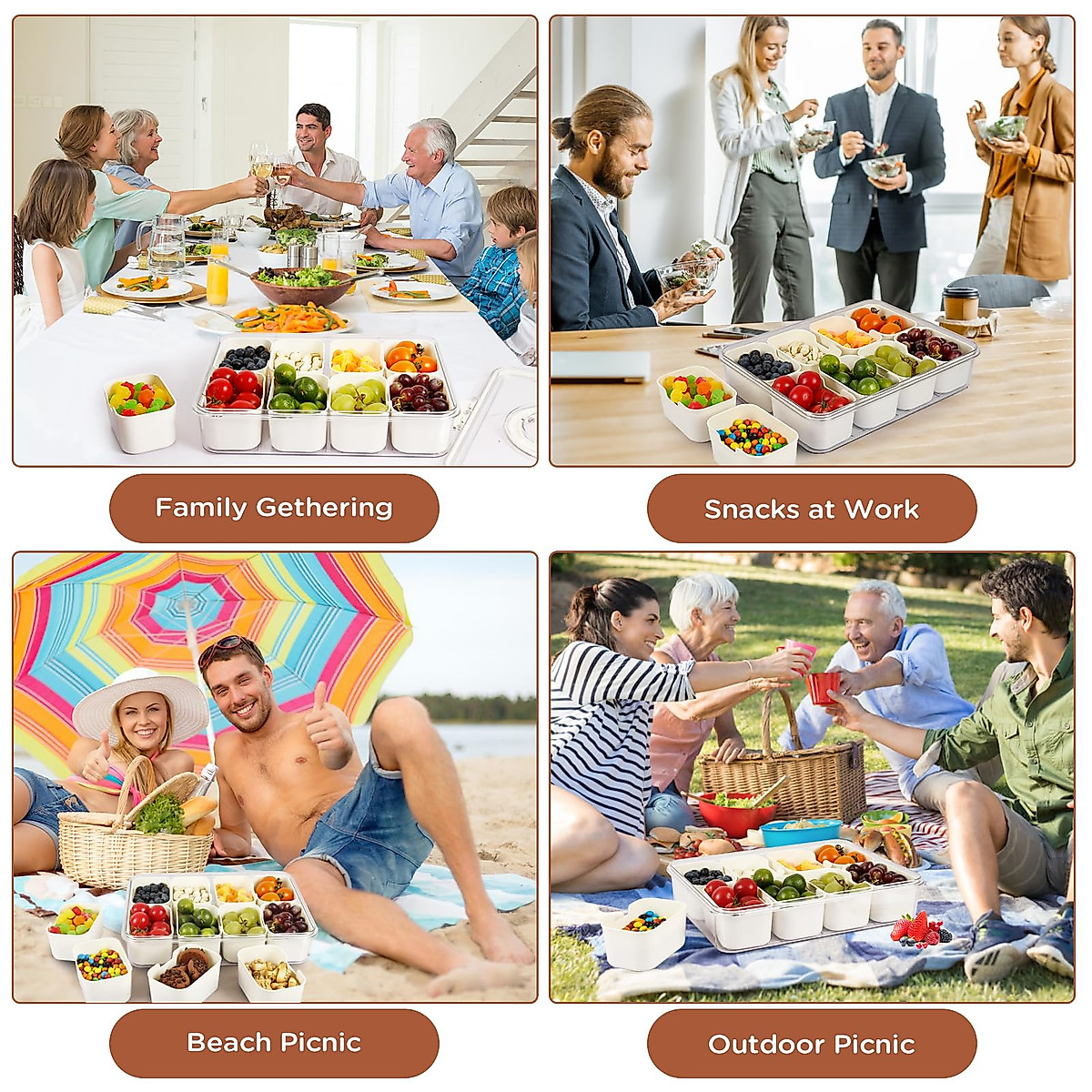 2 Pack Snack Box Containers with Lid and Handle, 8-Compartment Divided Serving Tray for Kids and Adults, Portable Snackle Box for Veggies, Fruit, and Snacks, Perfect for Travel, Camping, and Picnic