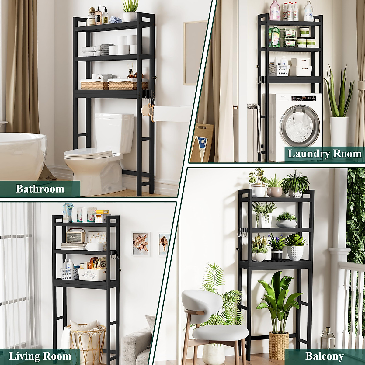 Smiry Over The Toilet Storage, Bamboo 3-Tier Over Toilet Bathroom Organizer with Adjustable Shelf, Fit Most Toilets, Space Saving, Stable Freestanding Storage Cabinet with 4 Hooks, Black
