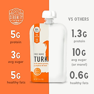 Serenity Kids 6+ Months Baby Food Pouches Puree Made With Ethically Sourced Meats & Organic Veggies | 3.5 Ounce BPA-Free Pouch | Free Range Turkey, Sweet Potato, Pumpkin, Beet | 1 Count