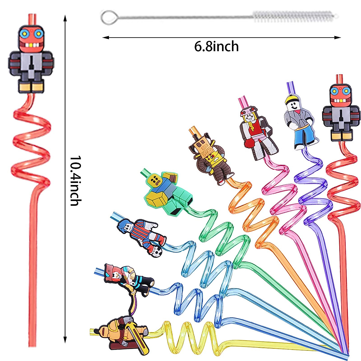 24 Pcs Robot Party Supplies Favors Drinking Straw, Kids Party Favor, Plastic Reusable Loop Drinking Straw with Cute the Characters, 2-Pcs Cleaning Brush