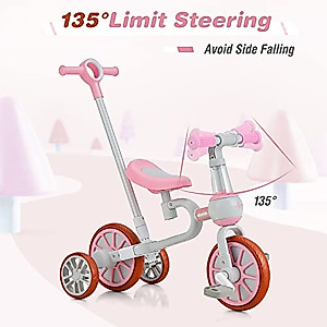 OLAKIDS Toddler Tricycle, 5 in 1 Kids Trike for Age 2-4 with Push Handle, Baby Bike with Adjustable Seat and Handle, Removable Pedal and Training Wheels for Boys Girls Toy Gift (Pink)