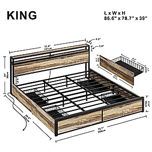 LIKIMIO King Bed Frame with Storage Drawer, 2-Tier Storage Headboard with Charging Station, No Box Spring Needed, Easy Assembly, Rustic Brown