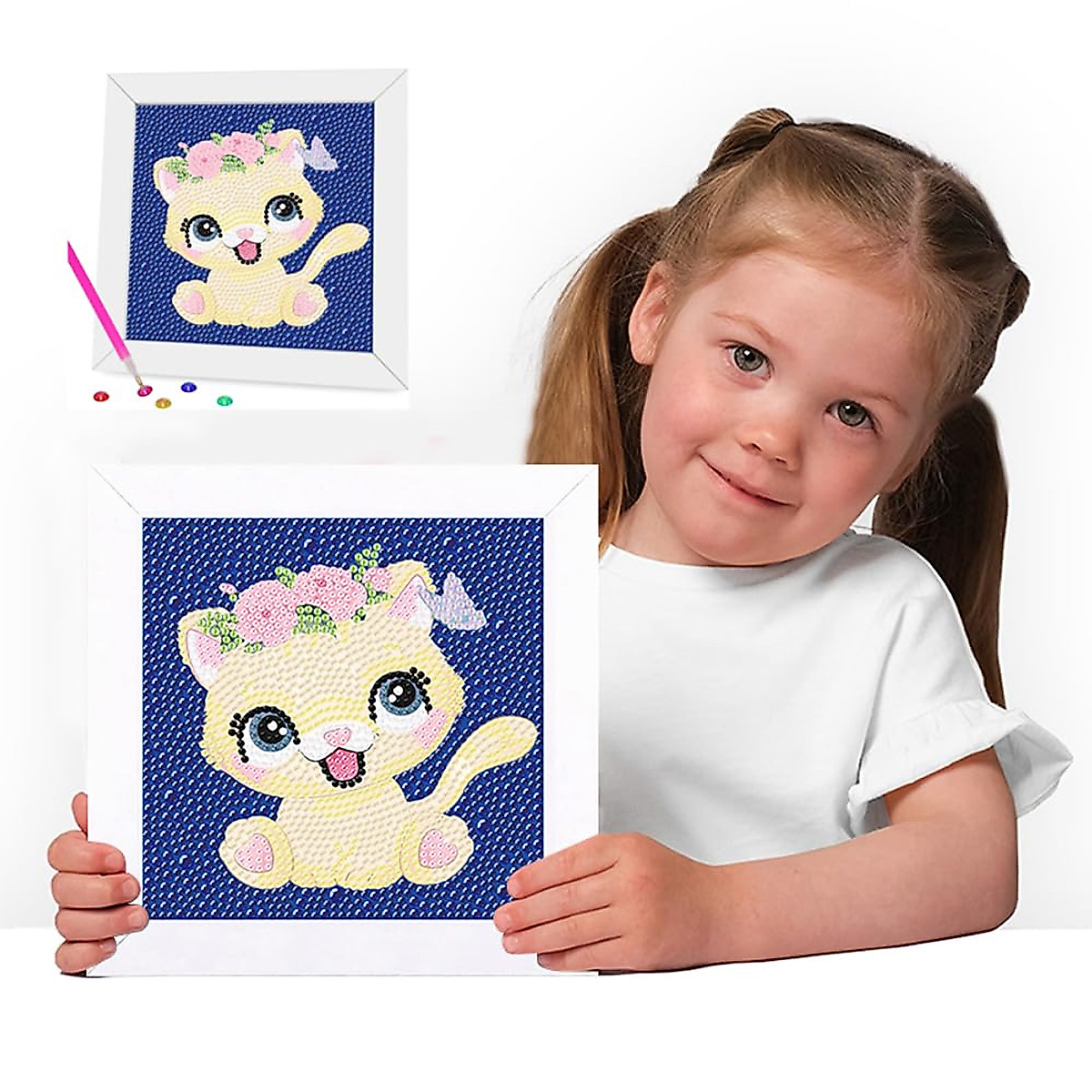 Miairivy Diamond Painting for Kids, 5D Animal Diamond Art Mini Small Kit(with Wooden Frame), DIY Cute Cat Big Gem Painting Set, Paint by Diamonds Crafts for Girls Boys Ages 4-12