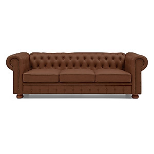YuiHome Classic Chesterfield Sofa Leather, Modern PU Tufted Couch 3 Seater with Rolled Arms and Nailhead for Living Room, Bedroom, Office, Apartment,Brown