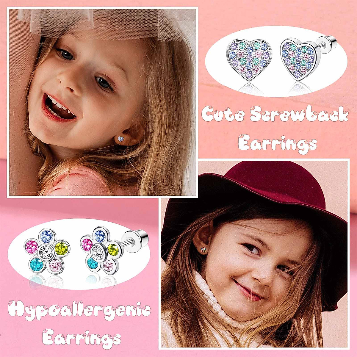 Jstyle 6 Pairs Hypoallergenic Screw Back Earrings for Women 316L Stainless Steel Stud Screwback Earrings Cute Tiny Pearl Heart Flower CZ Stud Earrings Set Multicolored Tone