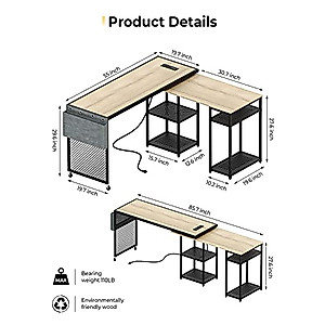 55" L Shaped Computer Desk with Power Outlets for Home Office Desks, Wooden Gaming Desk with Storage Shelves/Bag, Modern Simple Corner Desk for Small Space Student Study Writing L Shaped Desk, Oak