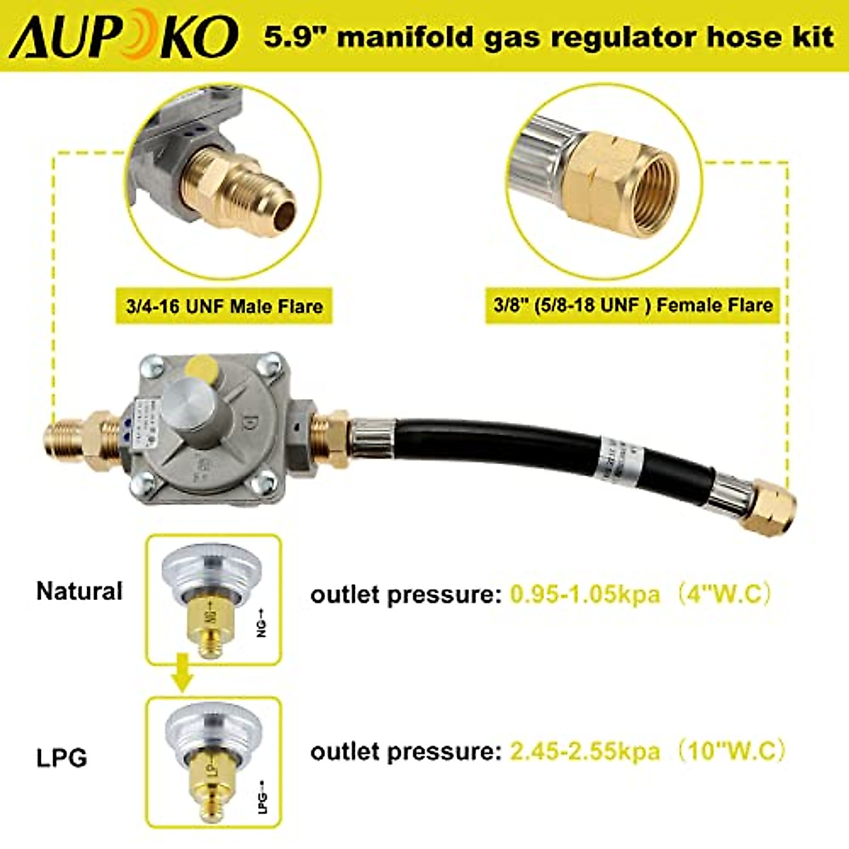 Aupoko 710-0003 Natural Gas Conversion Kit for Grills, 10FT Natural Gas Conversion Kit, Natural Gas Regulator, 1/2" Quick Connect Disconnect Adapter, 3/8" Fitting. Convert Propane to Natural Gas