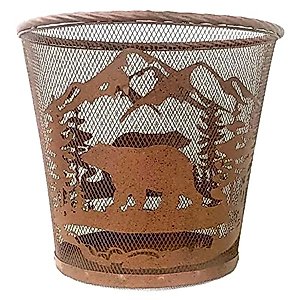 AMAJY Rustic Bear Forest Mountain Metal Waste Basket in Rustic Style Brown Metal Mesh Trash Can