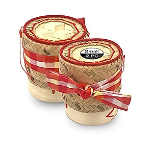 GoldleafKing Pack of 2 Small Sticky Rice Basket Size 3.5 Inches Thailand Laos Handmade Bamboo Serving Baskets Rice Container Set with Pa Kao Ma Traditional Loincloth