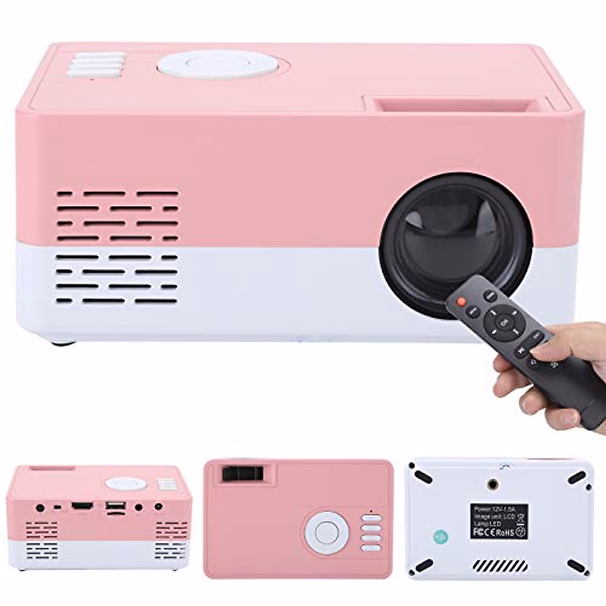 Mini Projector, 1080P Hi‑Fi Stereo Video Media Projector Movie Projector with Rack & Remote Control, 60'' Projector Screen, Portable Projector Home Theater for Entertainment (White Pink)