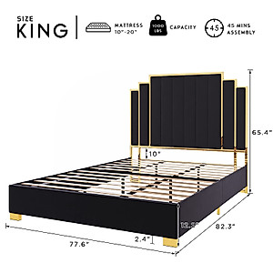 HOWE King Size Bed Frame and 65" Headboard, Upholstered Bed with Golden Plating Trim, Modern Platform Bed No Box Spring Needed, Black