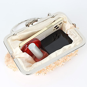Women Mini False Pearls Evening Handbag Clutch Metal Top-handle Bag Chain Strap Cross-body Bag