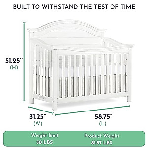 Evolur Belmar Curve 5-in-1 Convertible Crib in Weathered White, Greenguard Gold Certified, Features 3 Mattress Height Settings, Crafted from Hardwood, Wooden Nursery Furniture