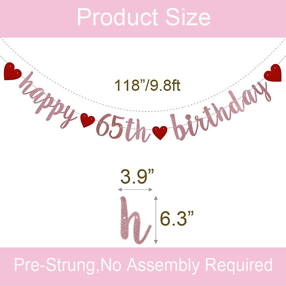 Happy 65th Birthday Banner, Pre-Strung,Rose Gold Glitter Paper Garlands for 65th Birthday Party Decorations Supplies, No Assembly Required,Rose Gold,SUNbetterland