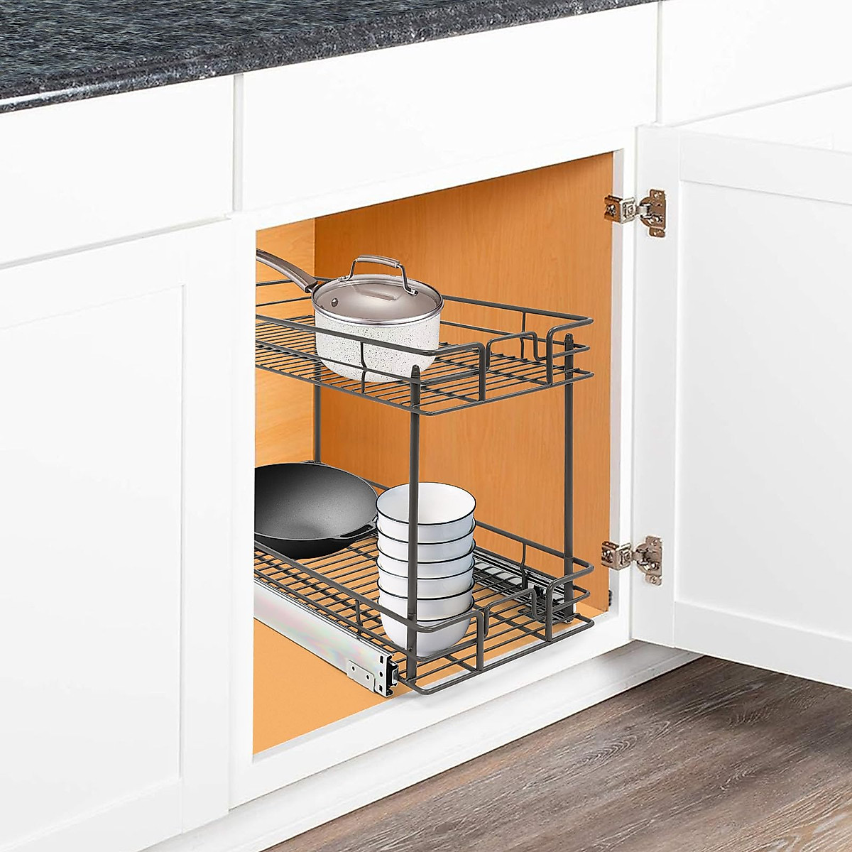 PIOJNYEN Pull Out Cabinet Organizer, 2-Tier Cabinet Pull Out Shelves, Kitchen Cabinet Organizer for Storing Kitchen Utensils Such As Dinner Plates, Bowls, Spices, Baking Supplies (10.5" W X 21.5" D)