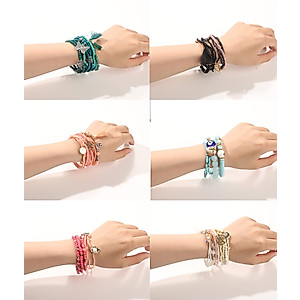 JOERICA 6 Sets Bohemian Stackable Beaded Bracelets for Women Multilayer Colorful Beads Handmade Bracelets Boho Bracelets Pack with Charm