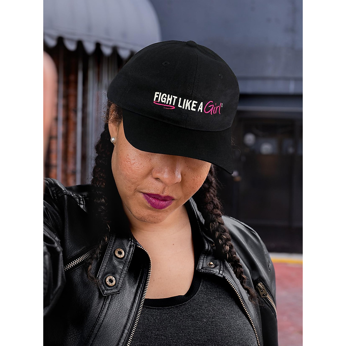 Fight Like a Girl Breast Cancer Embroidered Cap,Black,One Size
