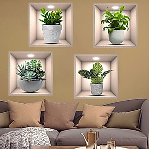 iMagitek 4 Pack 3D Green Plants Wall Stickers Botanical Plants Wall Decals for Bedroom Living Room Kitchen