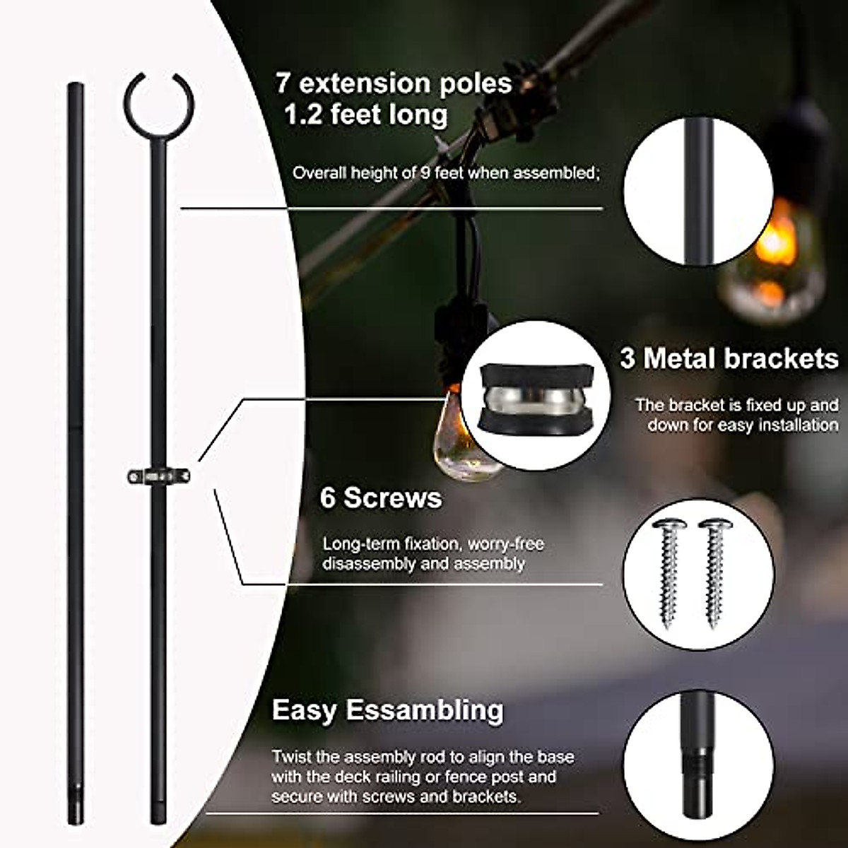 CHARON String Light Poles for Outdoor String Lights - 2 Pack 9 FT Pole & Bracket Kit for Deck or Patio Railing - Garden, Backyard, Patio Lighting Stand for Parties, Wedding