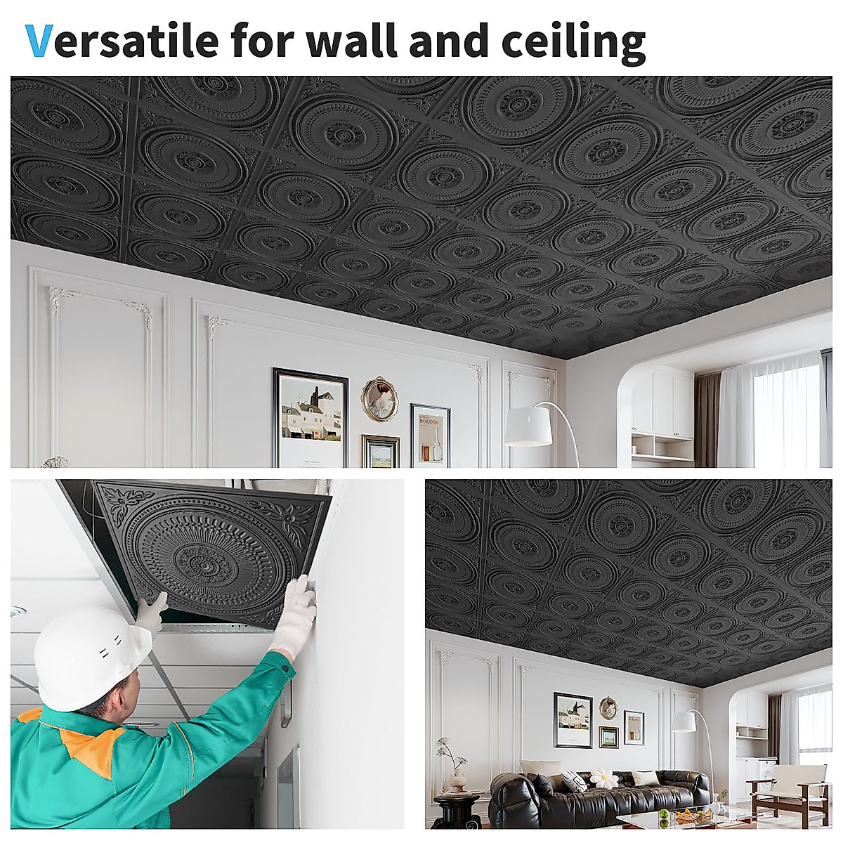 Art3d 12-Pack Drop Ceiling Tiles 2x2 FT, Decorative Easy Install PVC Ceiling Panels for Interior Kitchen Bathroom Basement, 24x24 Inch, Black