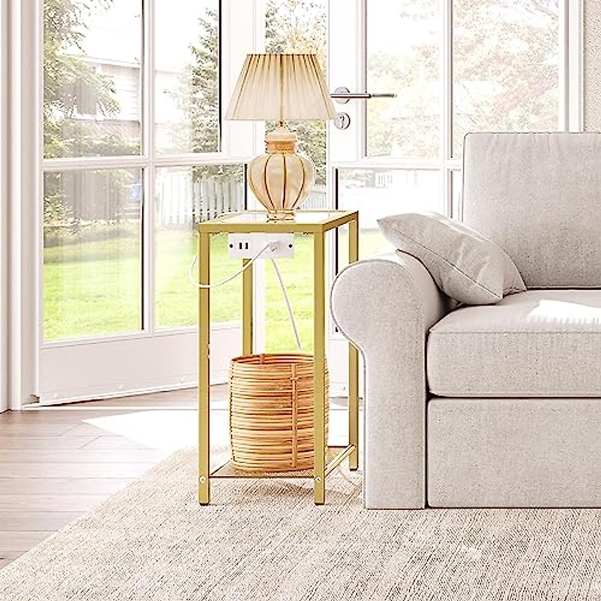 HOOBRO End Tables Set of 2, Side Table with Charging Station, 2-Tier Nightstands with Storage Shelves, Small Space Bedside Table, Telephone Table, Tempered Glass, Living Room, Gold GD56UBZP201