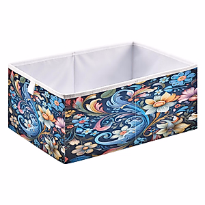 Haskirky Colorful Flowers Foldable Collapsible Storage Box Bins,11x11x11 Inch Cubes Baskets Fabric Storage Bins with Handles for Shelves Nursery Closet Home Decor