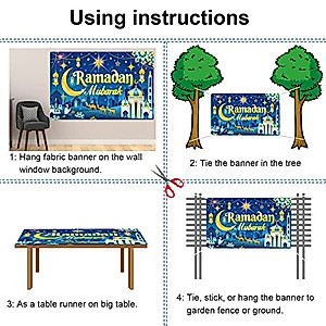 HOWAF Ramadan Mubarak Backdrop Banner Decorations, Eid Mubarak Background Banner for Muslim Ramadan Party Supplies, Ramadan Kareem Party Banner with Lanterns Moon Stars Castle Design
