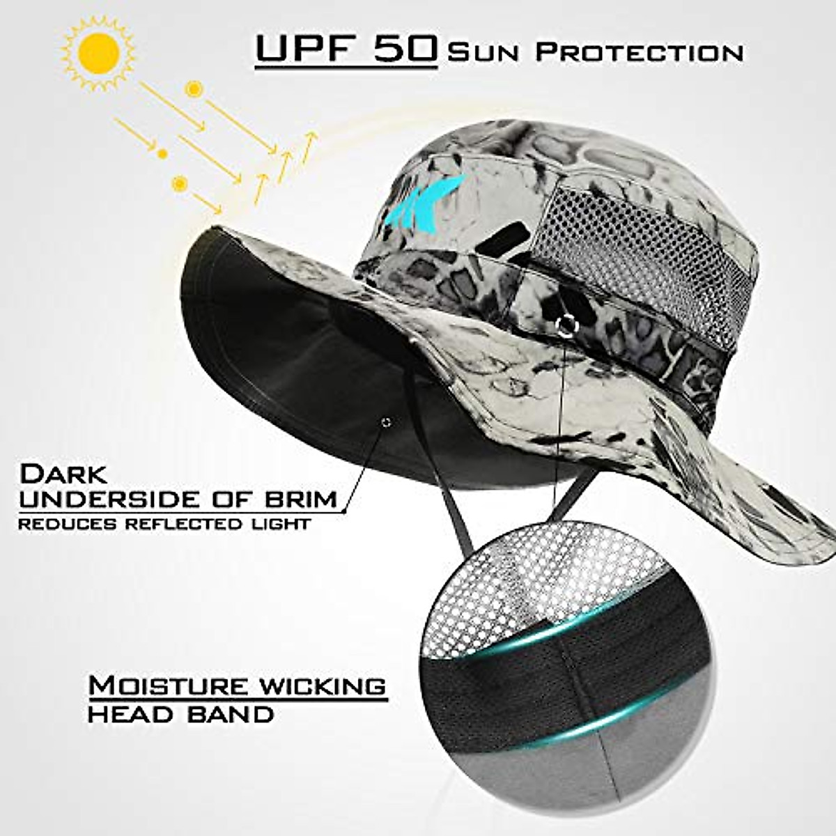 KastKing Sol Armis UPF 50 Boonie Hat - Sun Protection Hat, Fishing Hat - Breathable Fabric - Comfortable - Prym1 Camo,Silver Mist