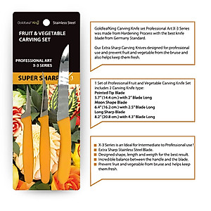GoldleafKing Super Sharp X-3 Series Bundle Pack | Fruit & Vegetable Carving Set of 3 | 2, 2.5, 4.5 Inch Orange Handle | Fruit Carving Tools Carving Knives