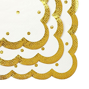 100 Pack White Scalloped Napkins with Gold Foil Edges and Dots for Wedding, Bridal, Baby Shower, Christening, any Occassion, Dinner Luncheon (3-Ply, 6.3 x 6.3 In)