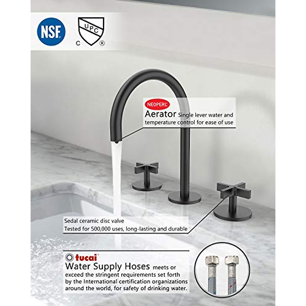 Matte Black Bathroom Faucet, Indare 8-inch Brass Widespread Faucet for Bathroom Sink 3 Holes with Pop-up Drain Assembly and Supply Lines Preassembled, 110101-PB