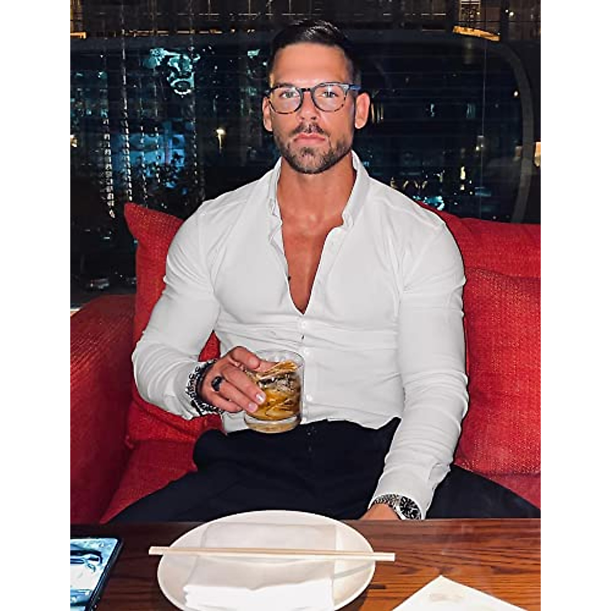 URRU Men's Muscle Dress Shirts Slim Fit Stretch Long Sleeve Casual Button Down Shirt White S