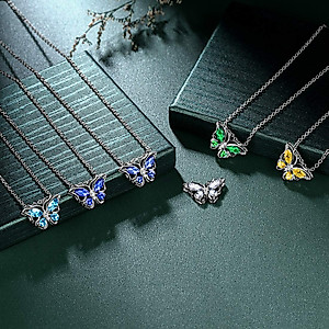 Hipunk Butterfly Blue Necklace Birthstone Women 925 Sterling Silver March-Auqamarine Birth Stone Animal Butterflies Pendant Crystal Birthday Jewelry SP0075M
