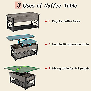 Itaar 43" Lift Top Coffee Table, 3 in 1 Multi-Function Small Coffee Table with Storage for Living Room, Dining Reception Room, Grey