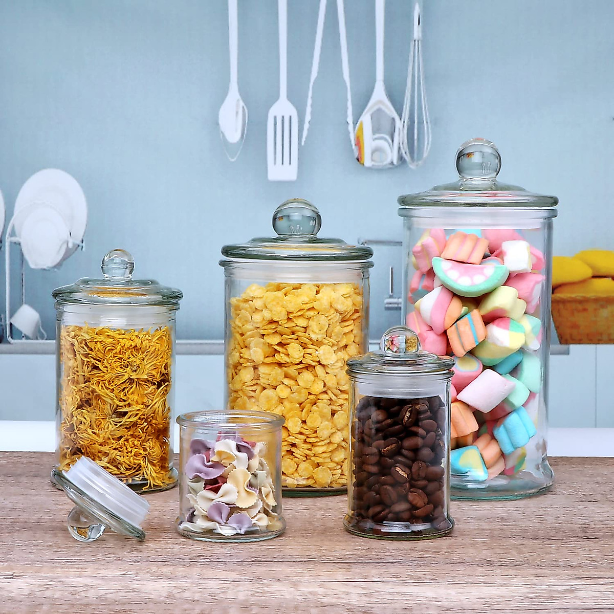 COMUDOT Glass Cookie Jar,Glass Canisters Set of 5,Glass Jars,Airtight Glass Storage Candy Jar with Lids,Glass Organization Canisters for Home & Kitchen