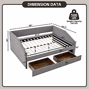 JEEOHEY Queen Size Daybed with Storage, Modern Upholstered Linen Sofa Bed with 2 Pull-Out Drawers for Apartment Living Room Guest Room, Solid Wood Trundle Day Bed Frame, No Box Spring Needed, Grey