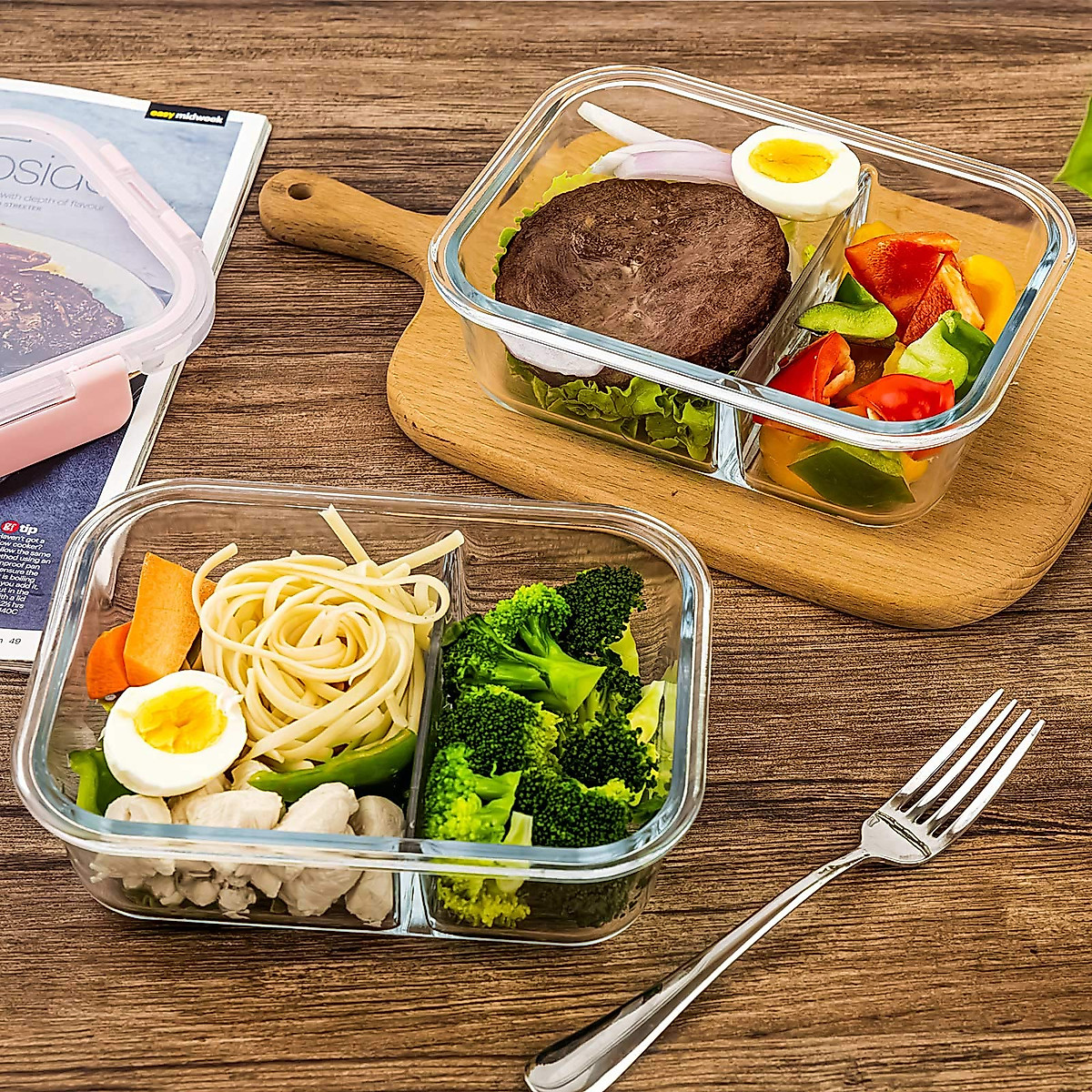 C CREST Glass Meal Prep Containers 2 Compartment Set, 5-Pack, 34oz, Glass Bento Boxes for Adults, Divided Glass Lunch Containers with Lids