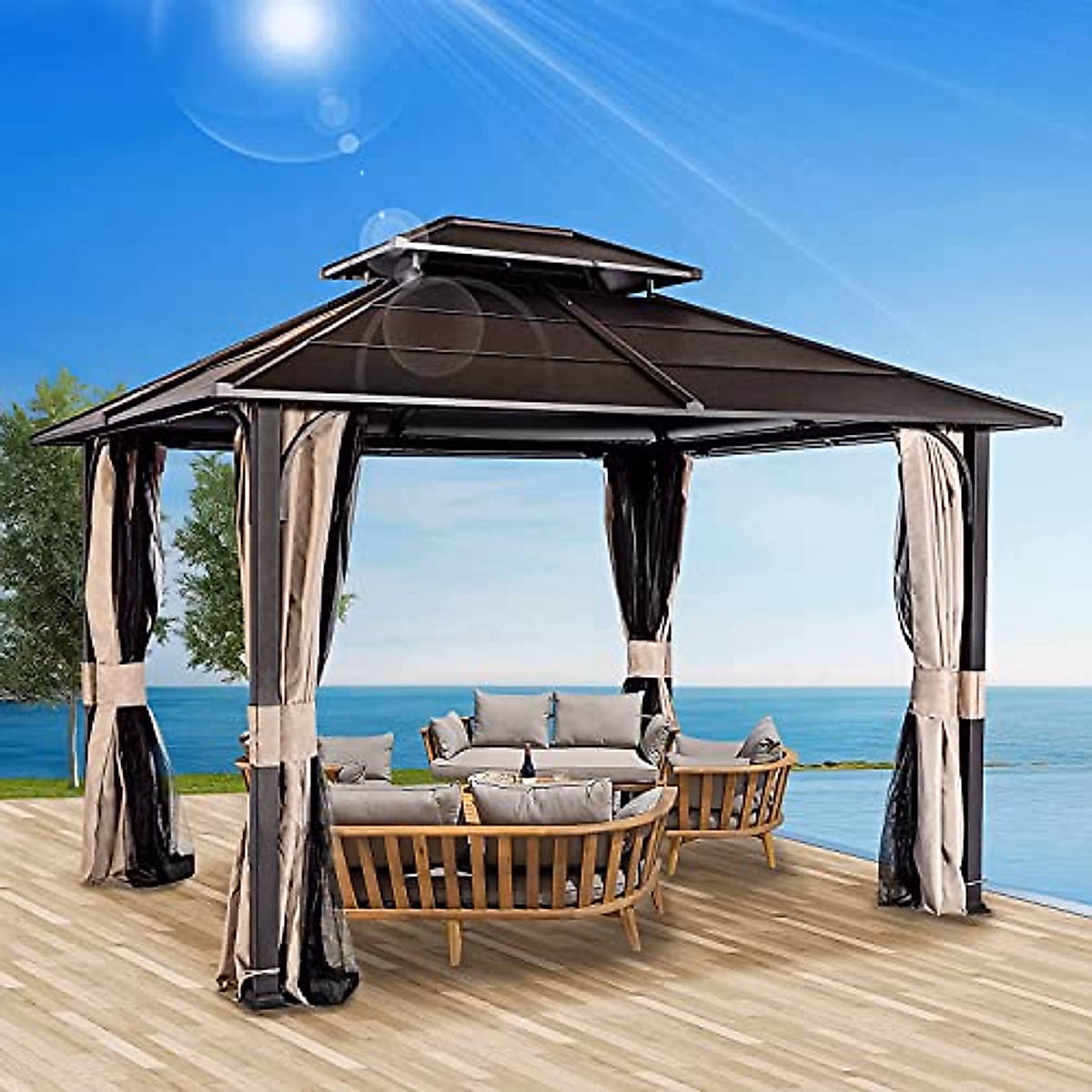 10' x 12' Gazebo, Outdoor Double Roof Canopy Hardtop Gazebo with Durable Metal Frame, Galvanized Steel Top Gazebo with Ventilation, Curtain and Netting, for Patio, Backyard, Deck and Lawns