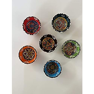 Tubibu Decorative Desing Turkish Ceramic Bowl Set of 6 - Handcrafted Pinch Multicolor Finger Small Serving Bowls (Deco, 3.15")