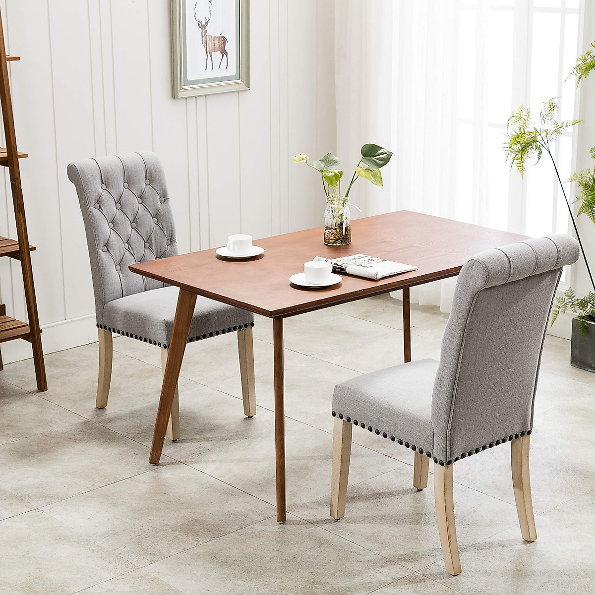 Restworld Fabric Dining Chairs Set of 2,Tufted Upholstered High Back Nailed Trim with Untique Oak Wood Legs for Kitchen Restaurant Room