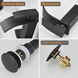 Hoimpro Black Waterfall Bathroom Faucet with cUPC Supply Lines, Single Handle Bathroom Sink Faucet with Pop-up Drain, Rv Vanity Vessel Faucet with Deck Plate, Matte Black, 1 or 3 Hole
