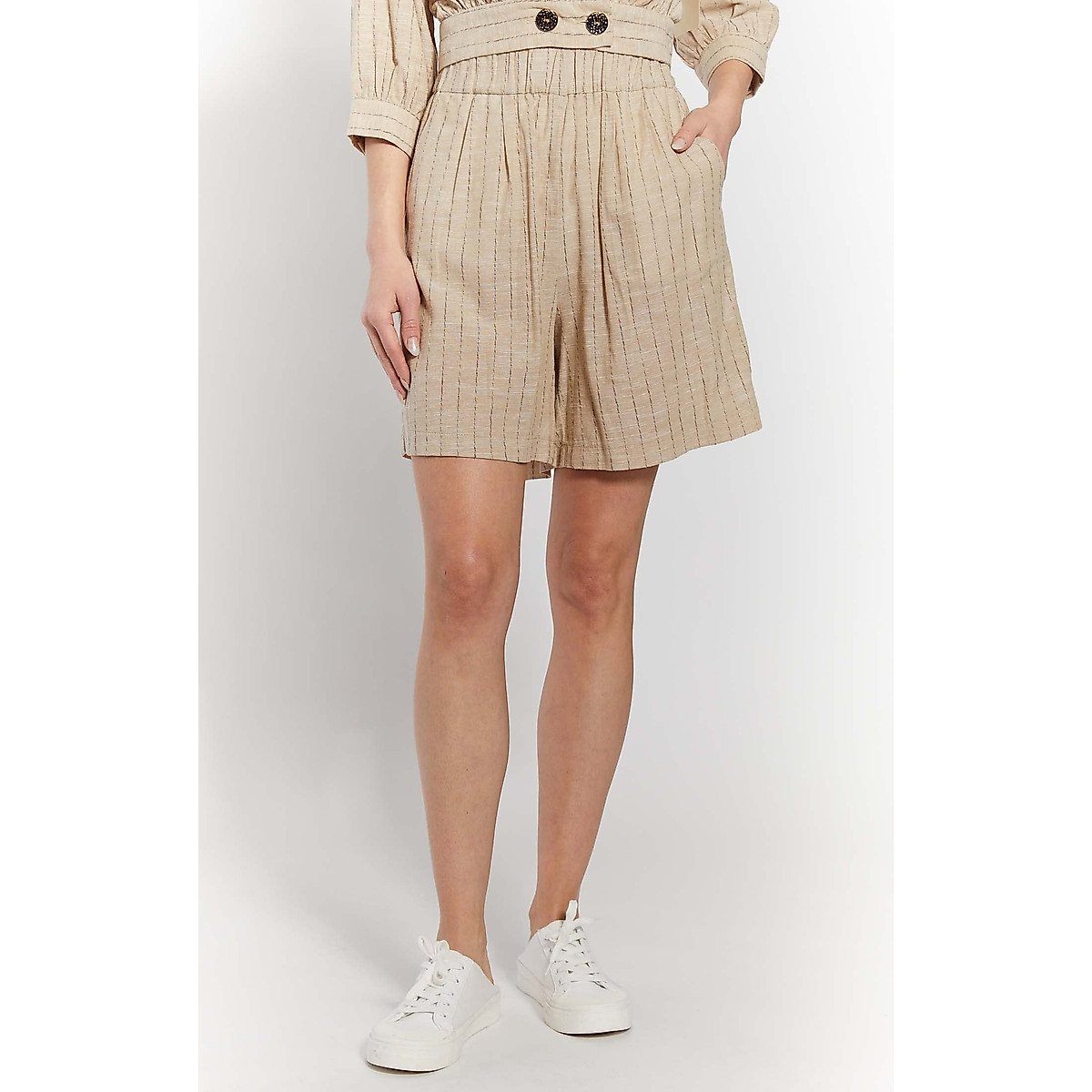 O A T NEW YORK Women's High Rise Pull On Bermuda Shorts with Elastic Waistband and Functional Pockets, Beige/Brown Stripe, Large