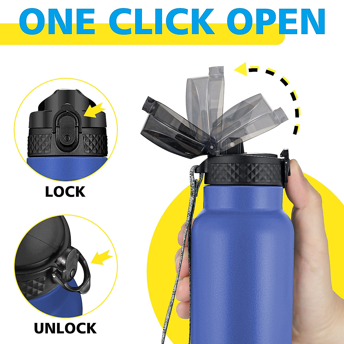 Han's Bottle Sports Water Bottle - 24 Oz, Straw Lid, Leak Proof, Vacuum Insulated Stainless Steel, Double Walled, Thermo Mug,Navy Blue