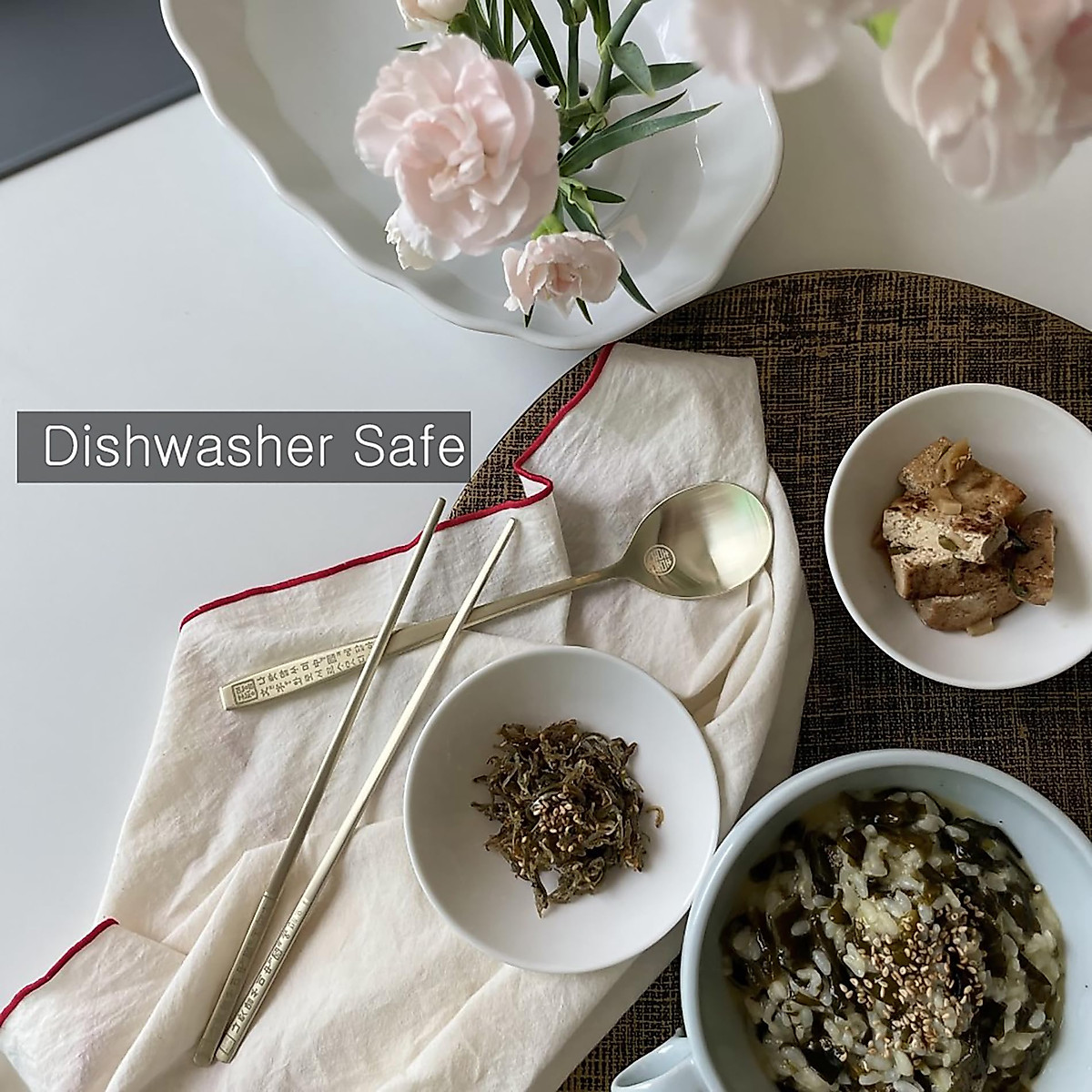 cozymomdeco Korean Made Chopsticks Spoon Set with Korean Letter Hangul Engraved Gold Color 18-10 Stainless Steel Stocking Stoffer Gift for Mom